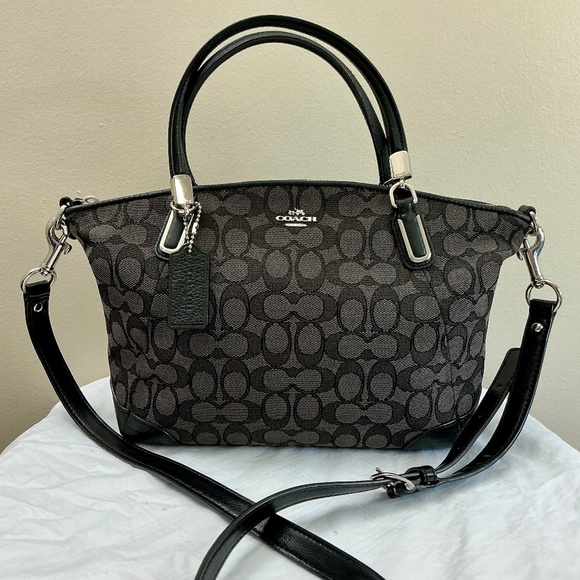 Coach | Bags | Authentic Coach Kelsey Satchel Gray Black Signature Canvas Leather Crossbody Bag ...